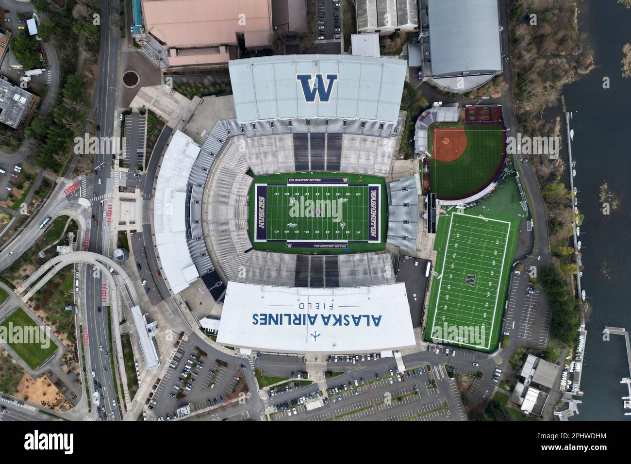A general overall aerial view of Husky Stadium on the campus of the ...