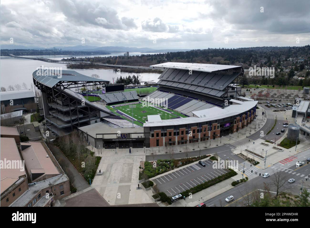 A general overall aerial view of Husky Stadium on the campus of the ...