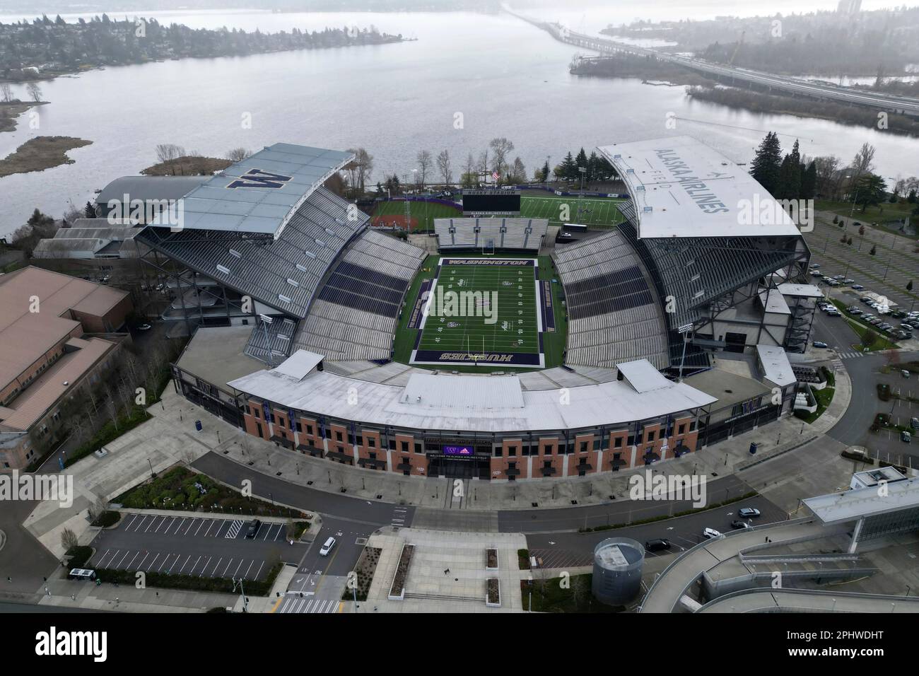 A general overall aerial view of Husky Stadium on the campus of the ...