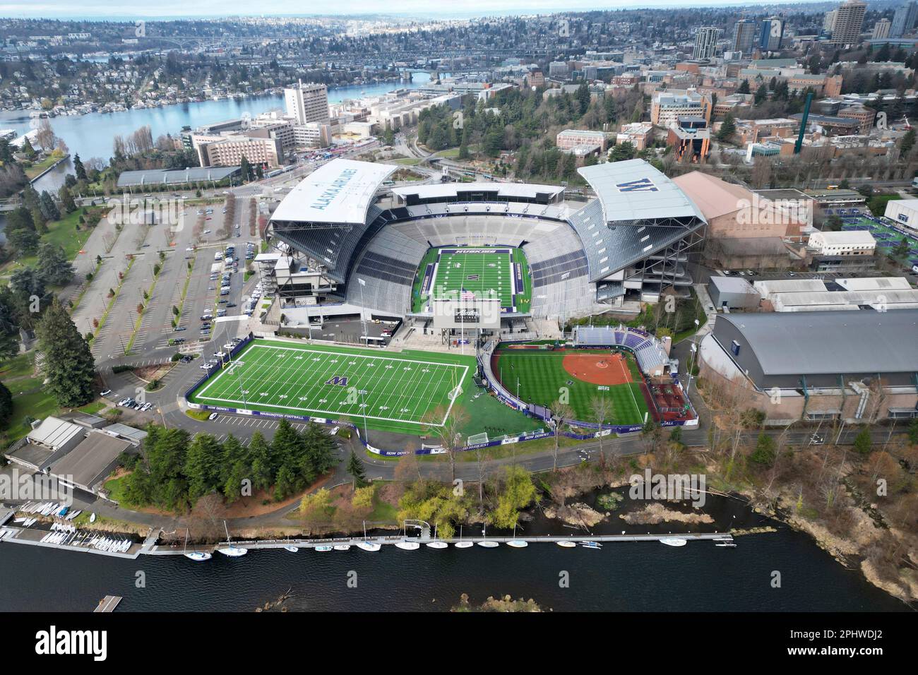 A general overall aerial view of Husky Stadium, Husky Softball Stadium ...