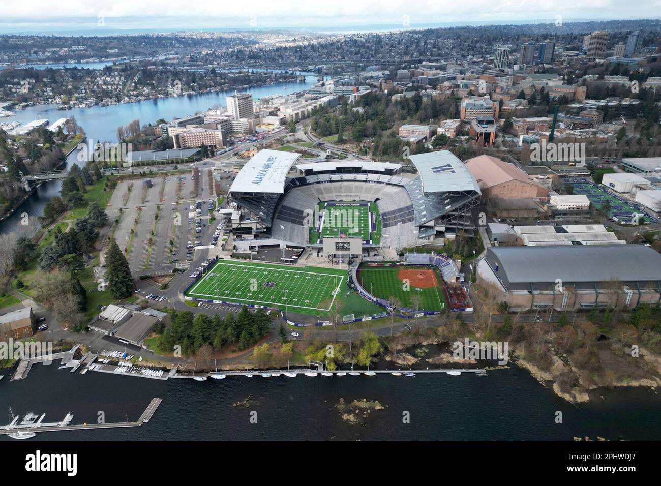 A general overall aerial view of Husky Stadium, Husky Softball Stadium ...