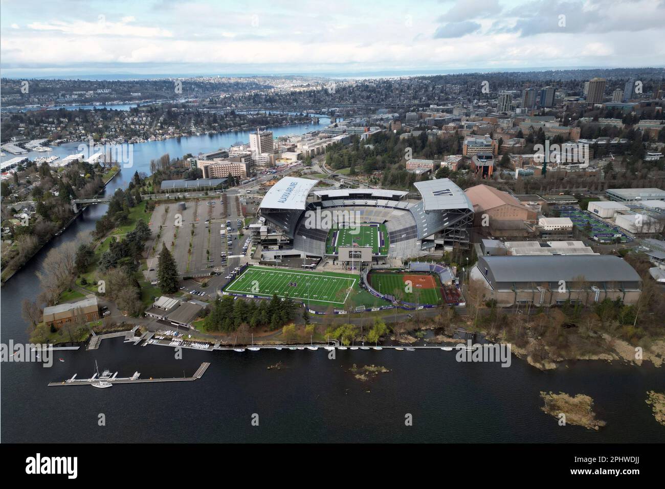 A general overall aerial view of Husky Stadium, Husky Softball Stadium ...