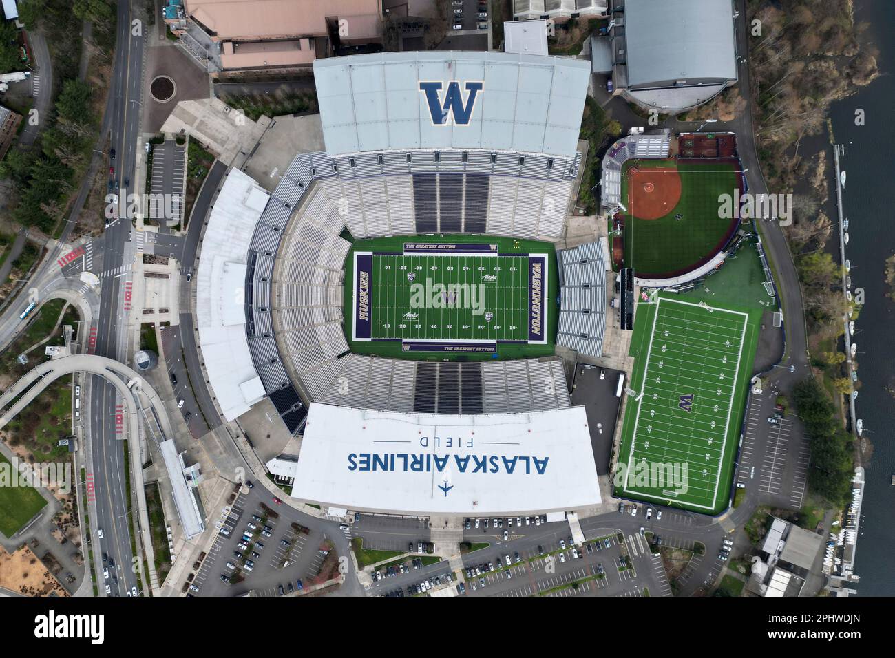 A general overall aerial view of Husky Stadium on the campus of the ...