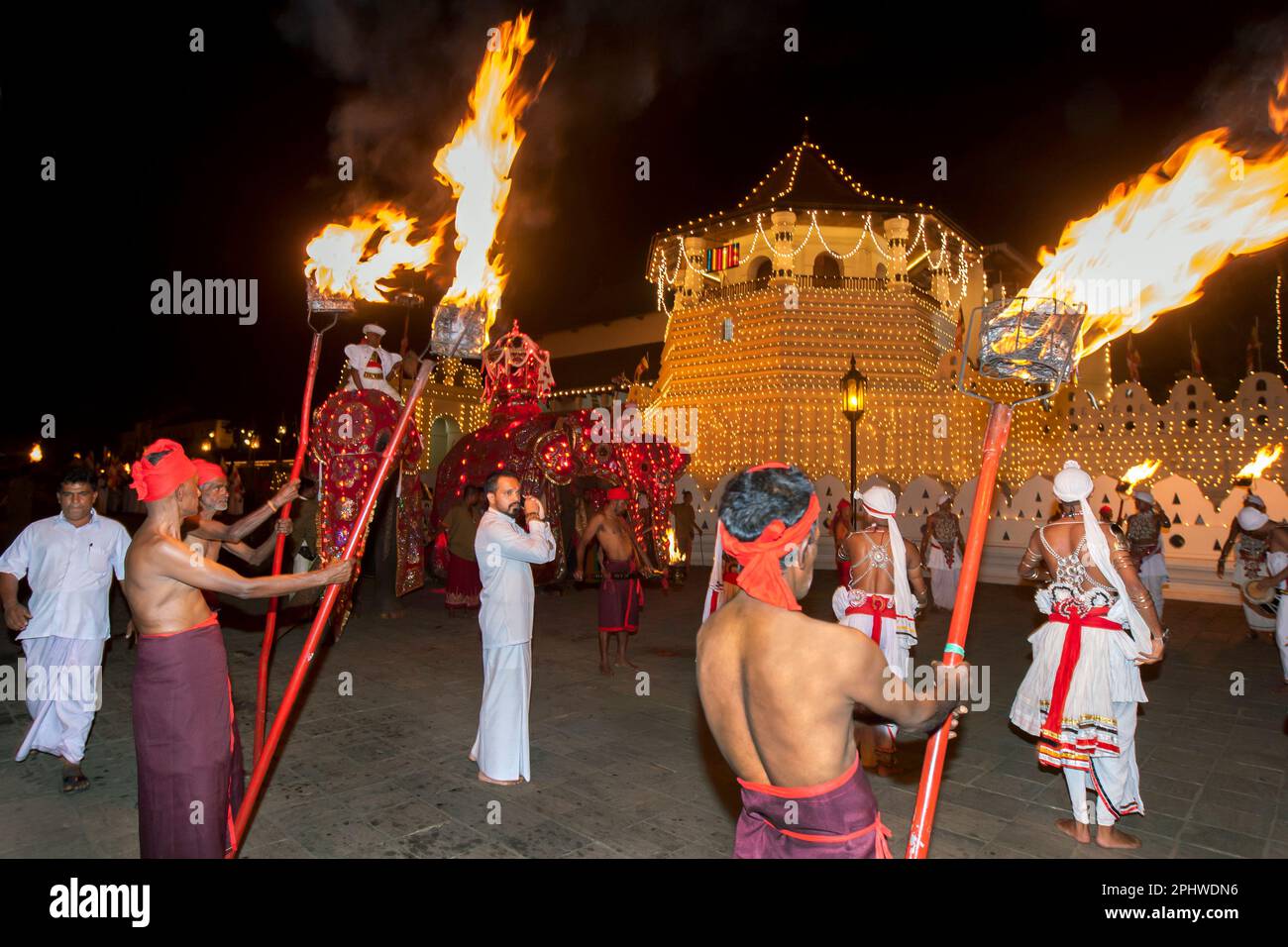 Torch Bearers stand with ceremonial elephants and Naiyandi Dancers in ...