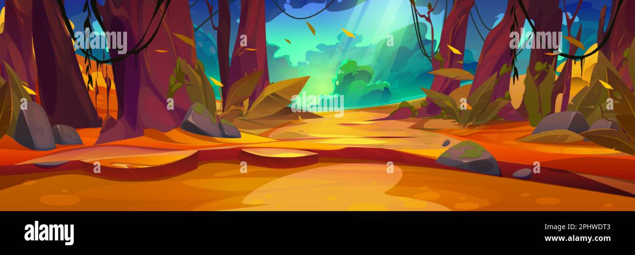 Autumn jungle forest landscape with magic sunlight beam. Mysterious ...