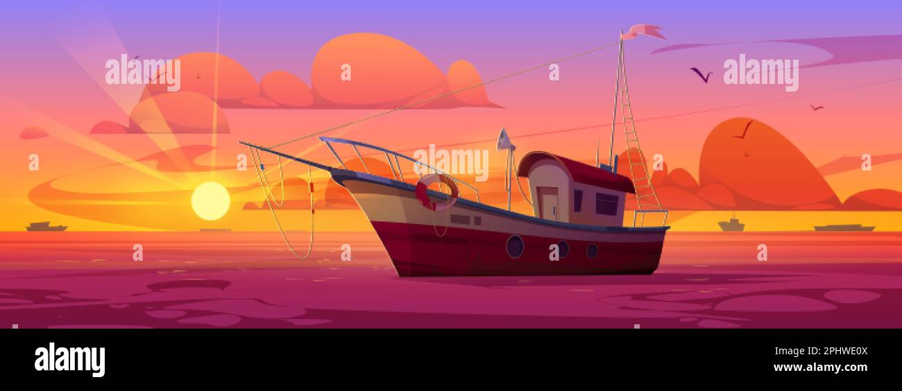 Fish trawler boat in sea vector marine background. Commercial fishery ...
