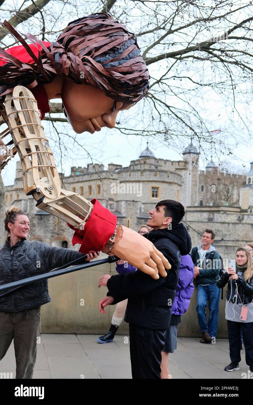 London, UK. 29th March, 2023. Little Amal, a 12-foot puppet of a Syrian ...