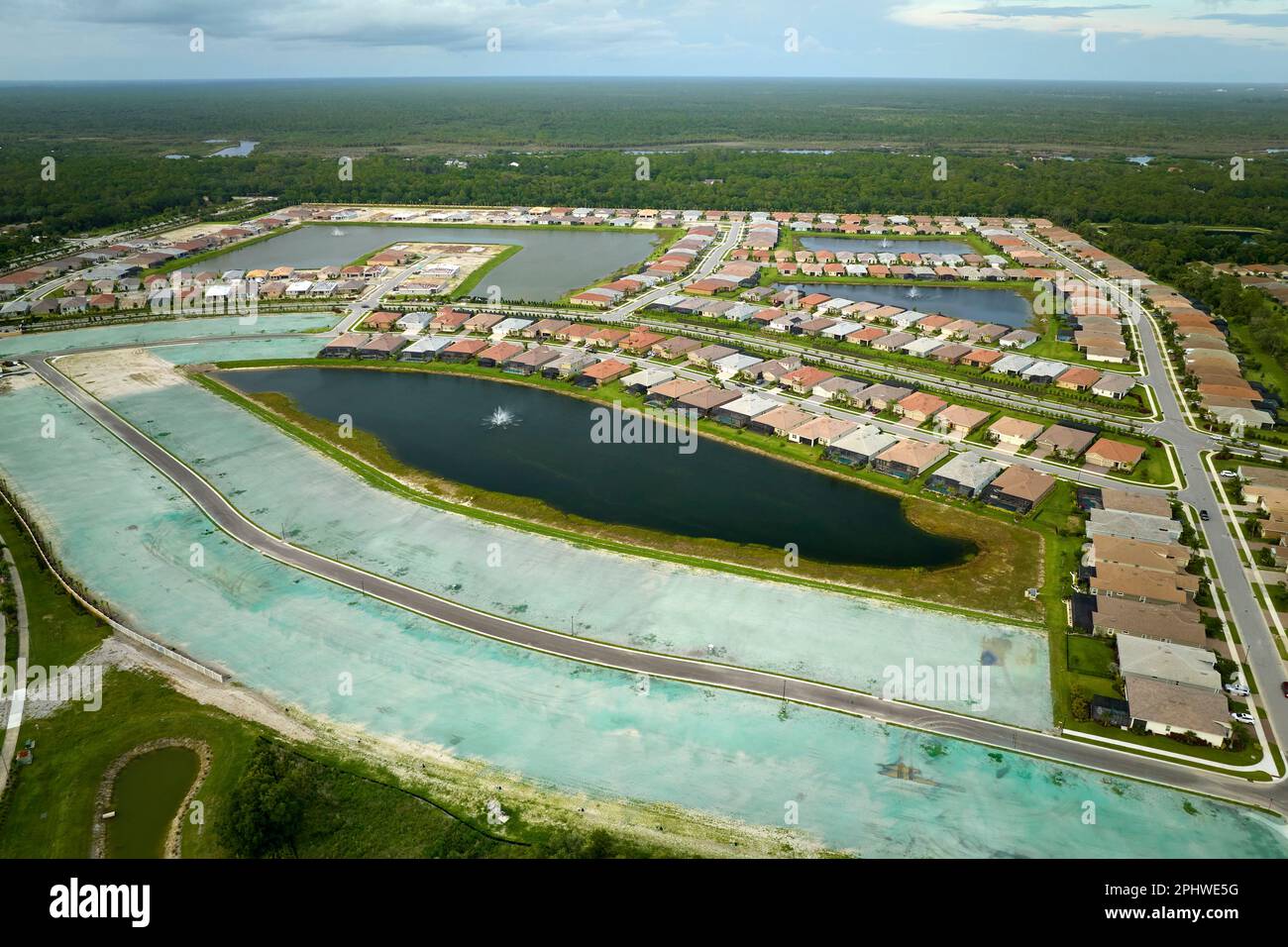 View from above of densely built residential houses under construction ...