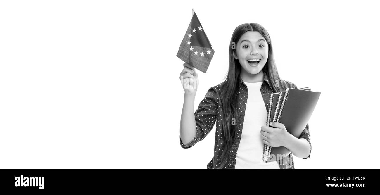 amazed kid study abroad. travel and learn foreign language. teen girl ...