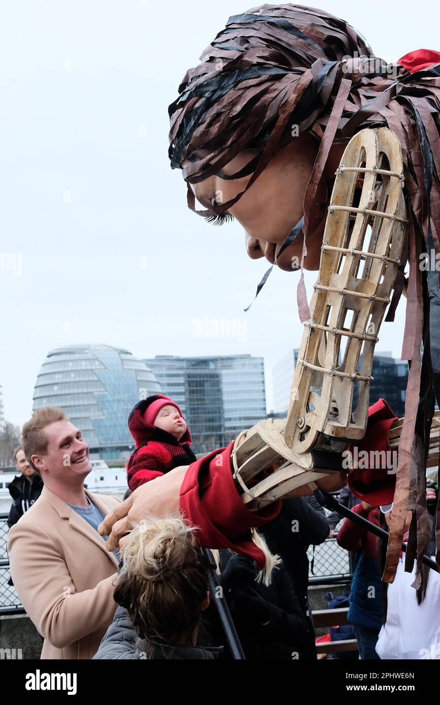 London, UK. 29th March, 2023. Little Amal, a 12-foot puppet of a Syrian ...