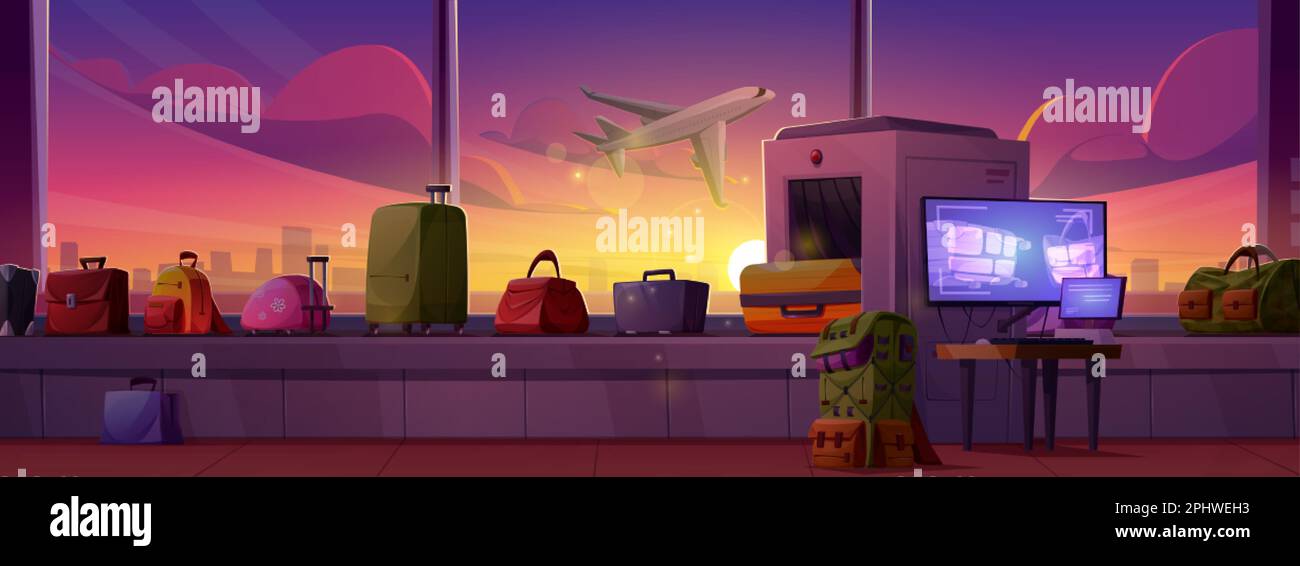 Airport luggage conveyor security belt vector. Check suitcase baggage ...