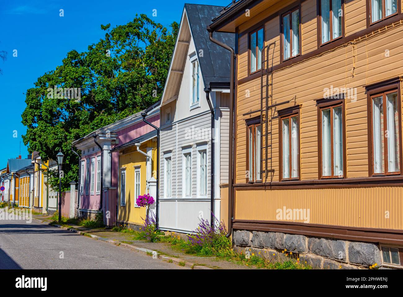 Colorful timber houses in Neristan district of Finnish town Kokkola ...