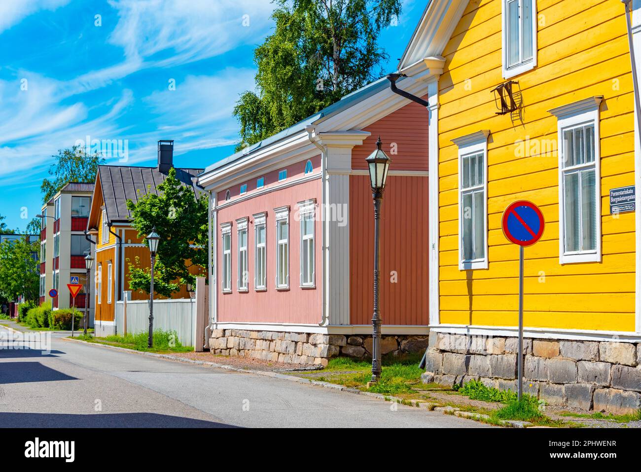 Colorful timber houses in Neristan district of Finnish town Kokkola ...