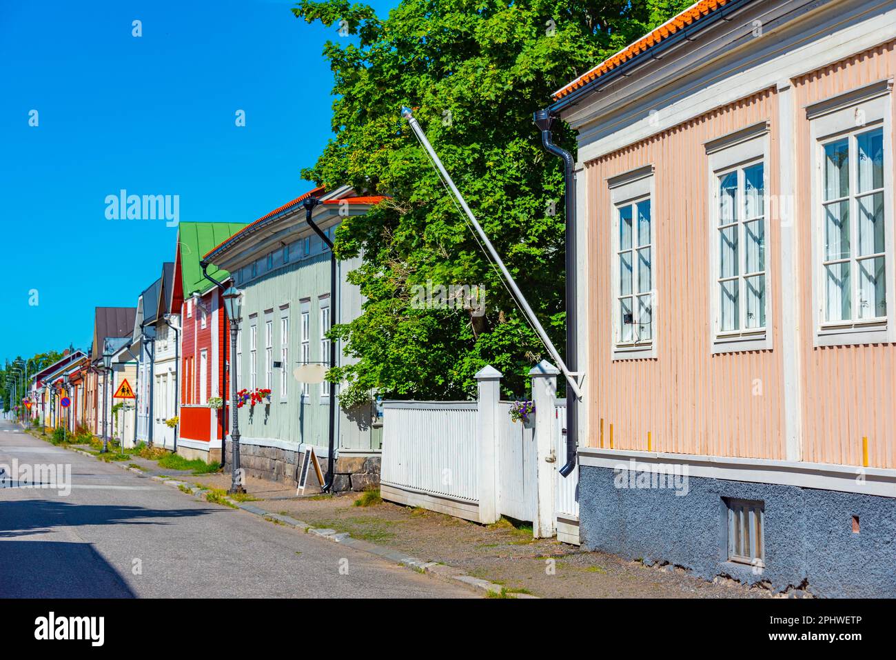 Colorful timber houses in Neristan district of Finnish town Kokkola ...