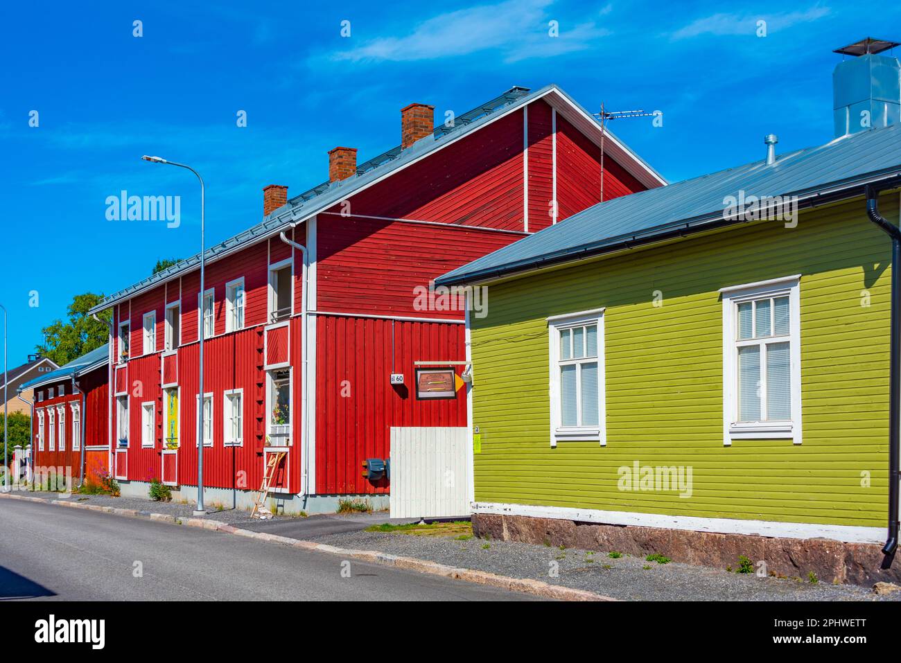 Colorful timber houses in Neristan district of Finnish town Kokkola ...