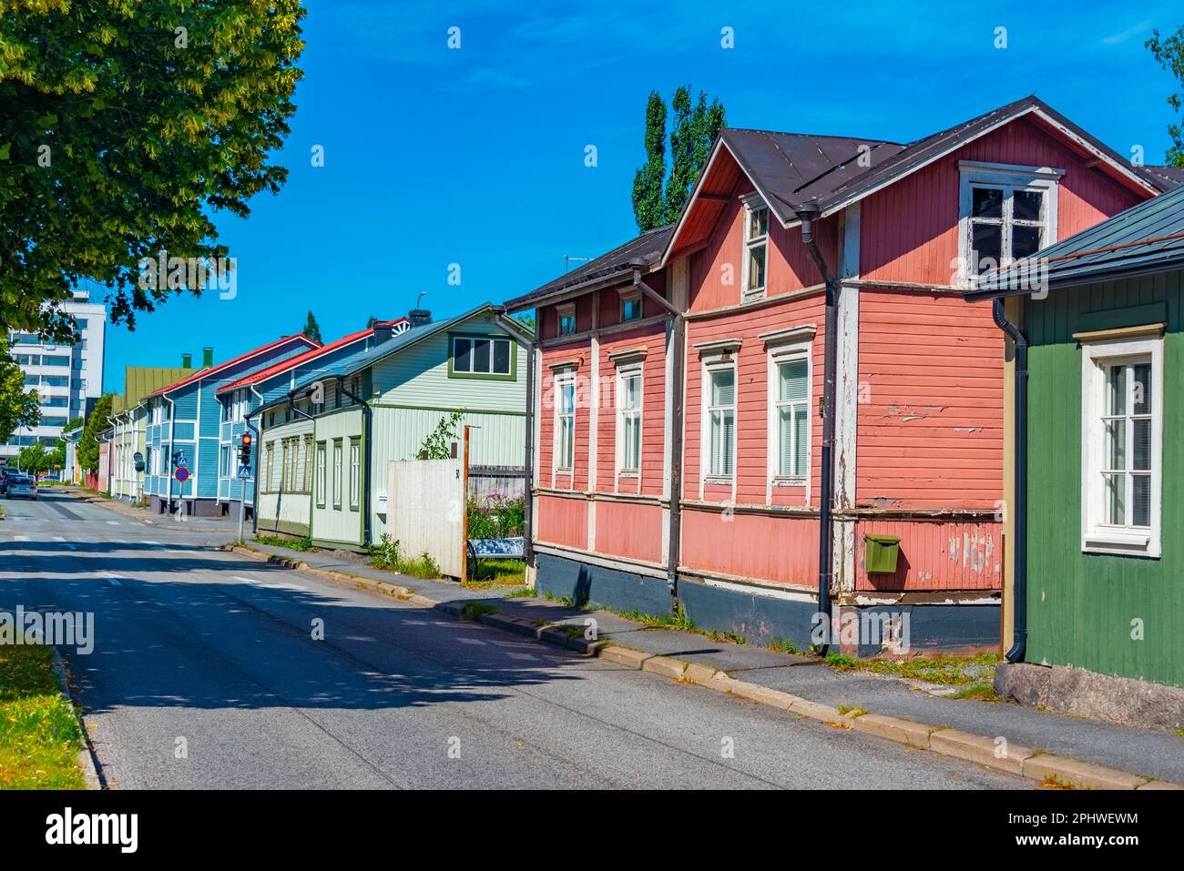 Colorful timber houses in Neristan district of Finnish town Kokkola ...