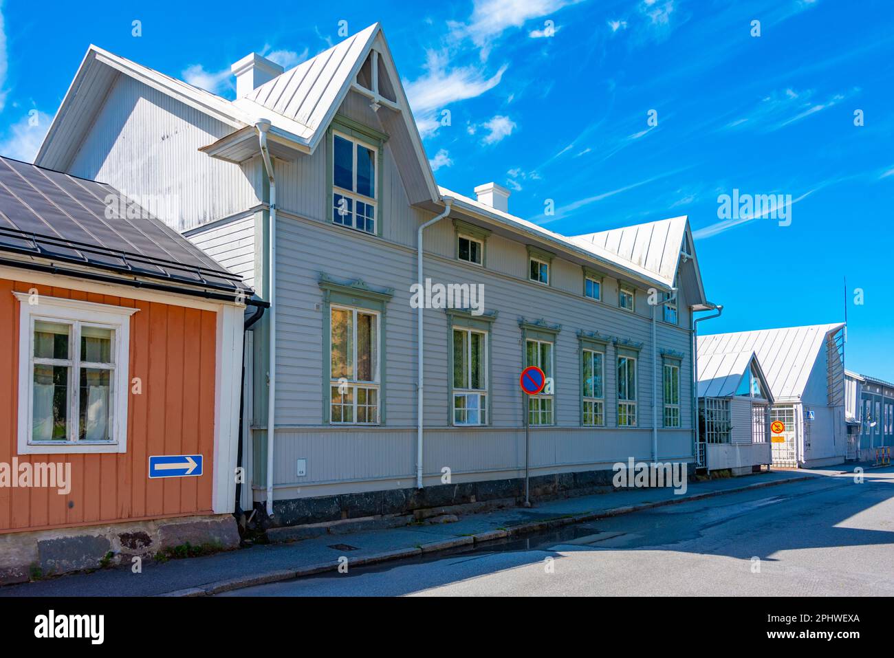 Colorful timber houses in Neristan district of Finnish town Kokkola ...