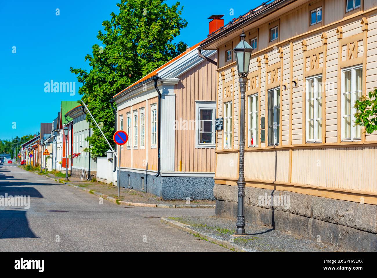 Colorful timber houses in Neristan district of Finnish town Kokkola ...
