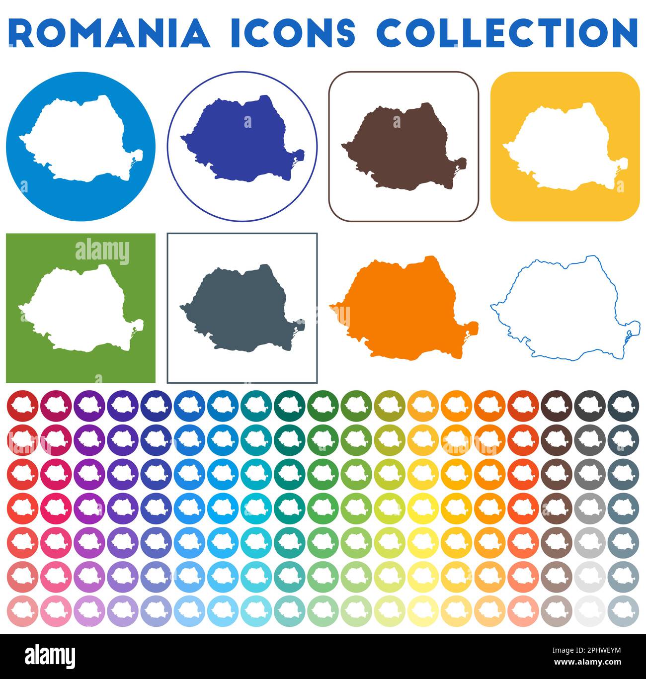 Romania icons collection. Bright colorful trendy map icons. Modern ...