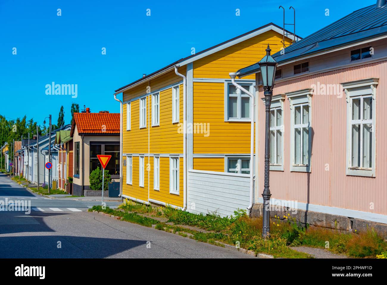 Colorful timber houses in Neristan district of Finnish town Kokkola ...