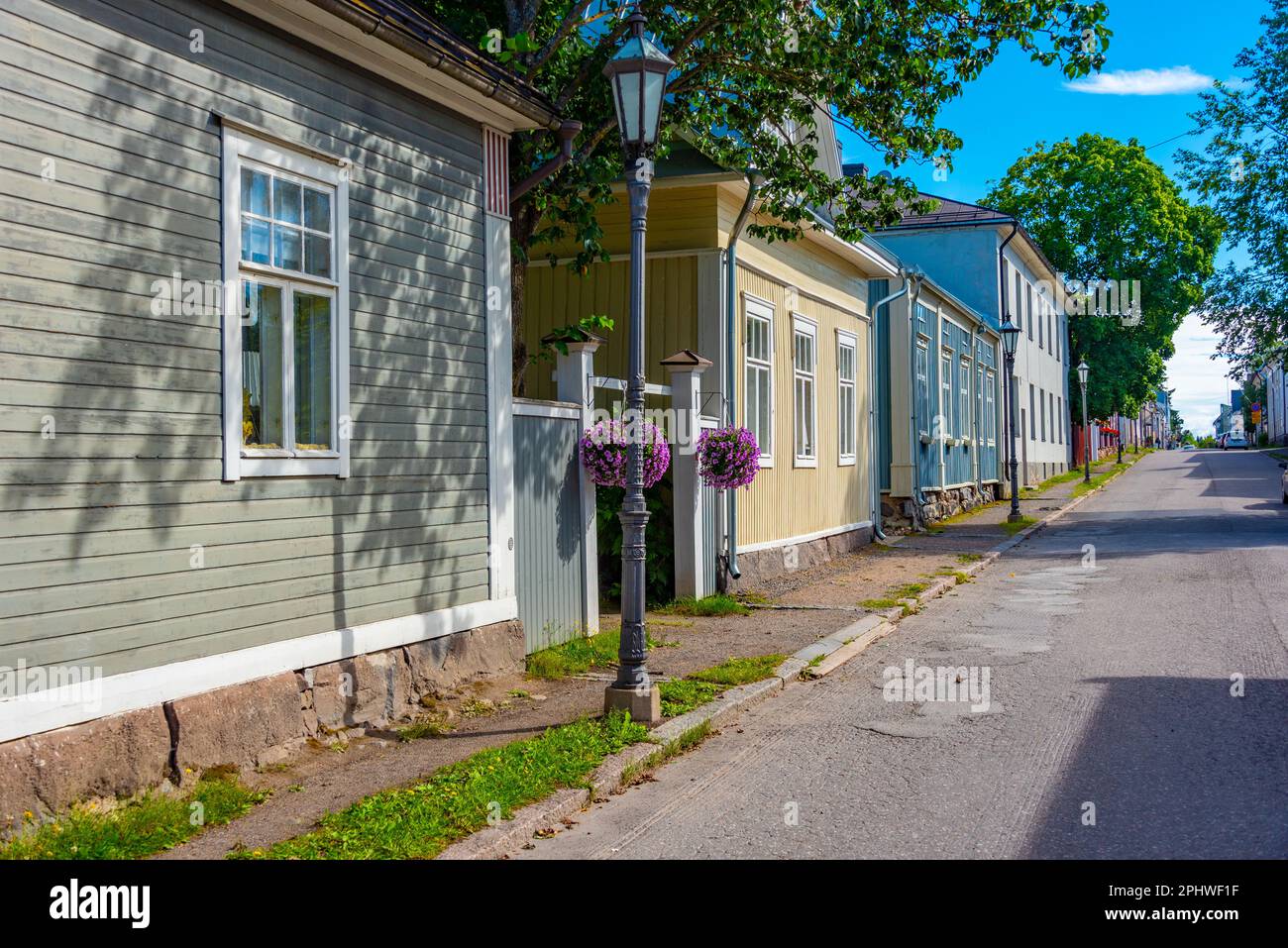 Colorful timber houses in Neristan district of Finnish town Kokkola ...