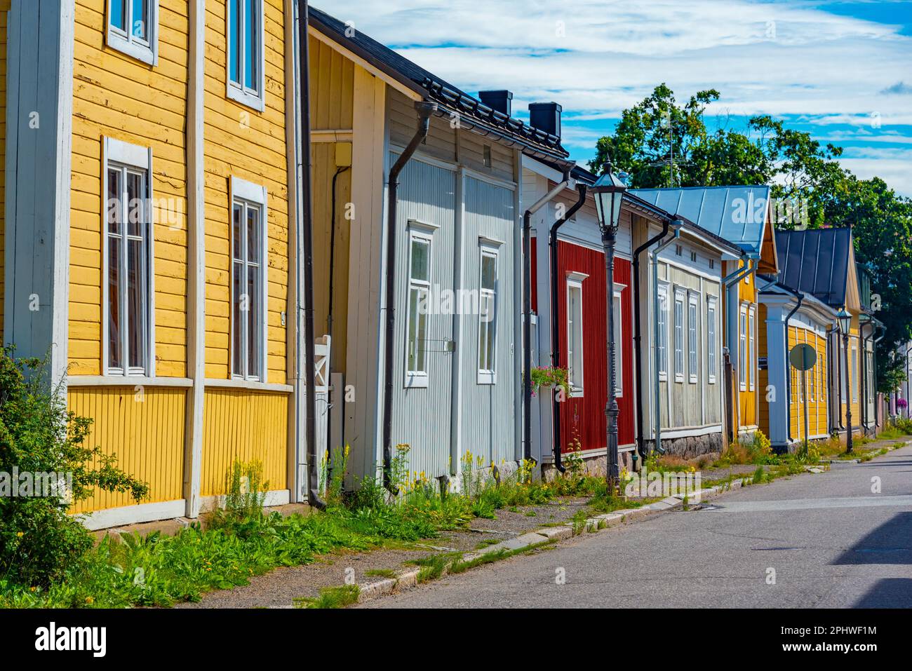 Colorful timber houses in Neristan district of Finnish town Kokkola ...