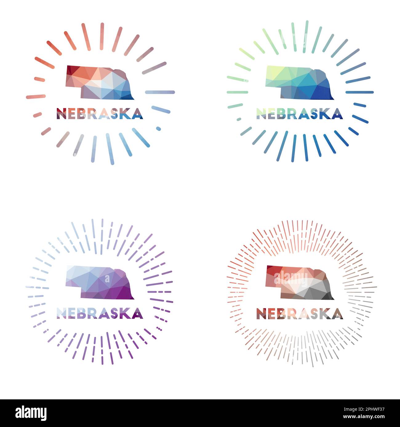 Nebraska low poly sunburst set. Logo of US state in geometric polygonal ...