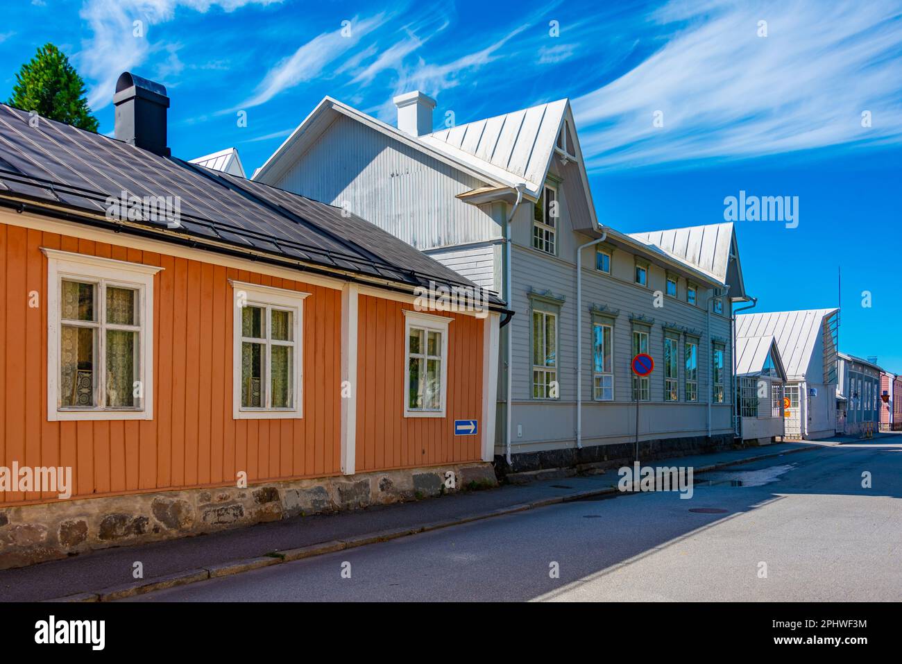 Colorful timber houses in Neristan district of Finnish town Kokkola ...