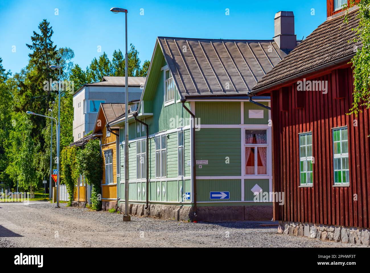 Colorful timber houses in Neristan district of Finnish town Kokkola ...