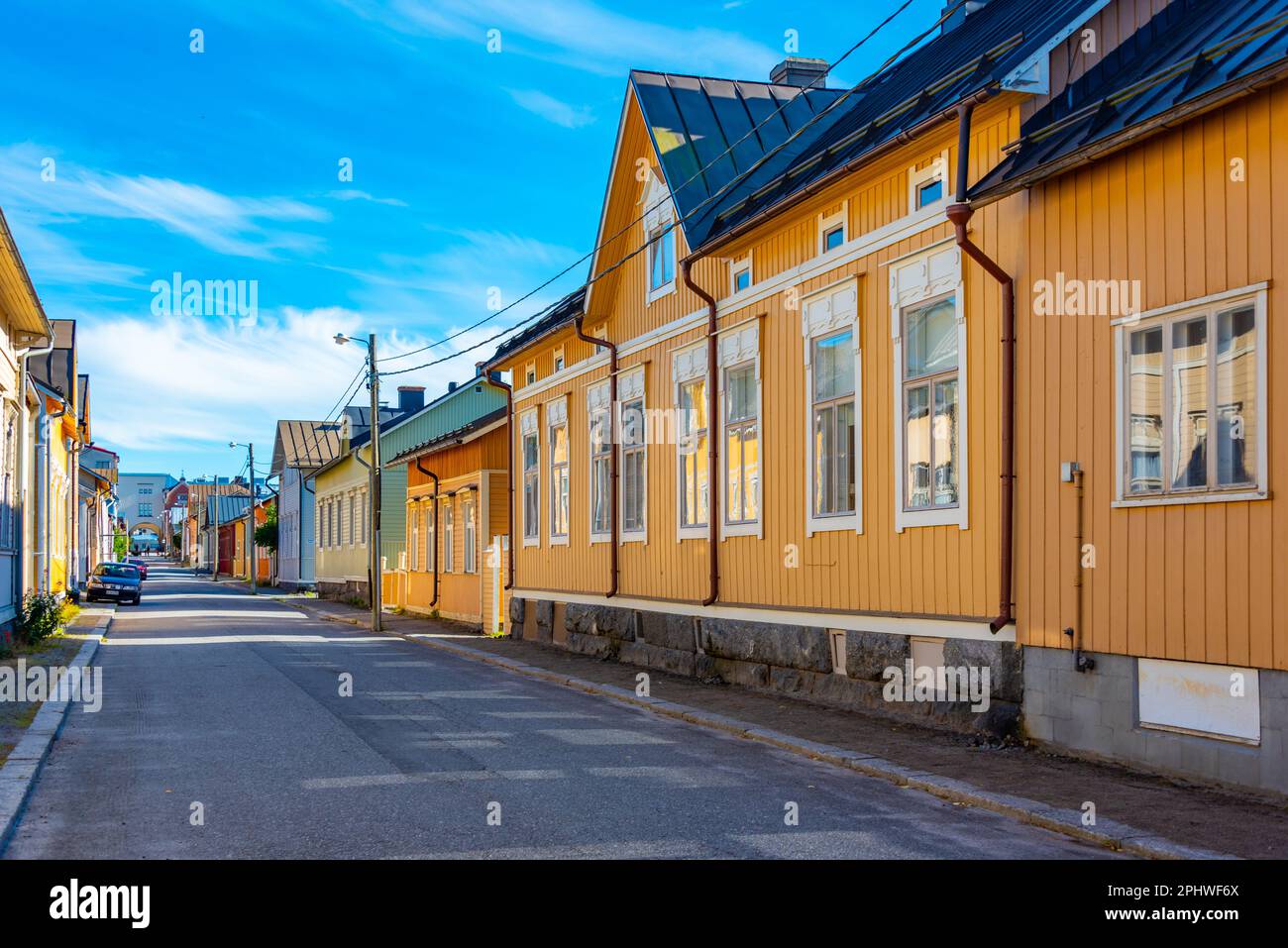 Colorful timber houses in Neristan district of Finnish town Jakobstad ...