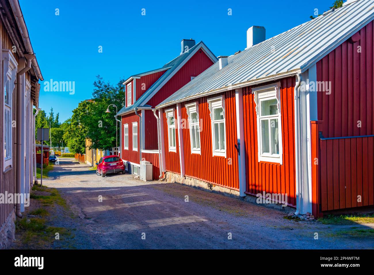 Colorful timber houses in Neristan district of Finnish town Jakobstad ...