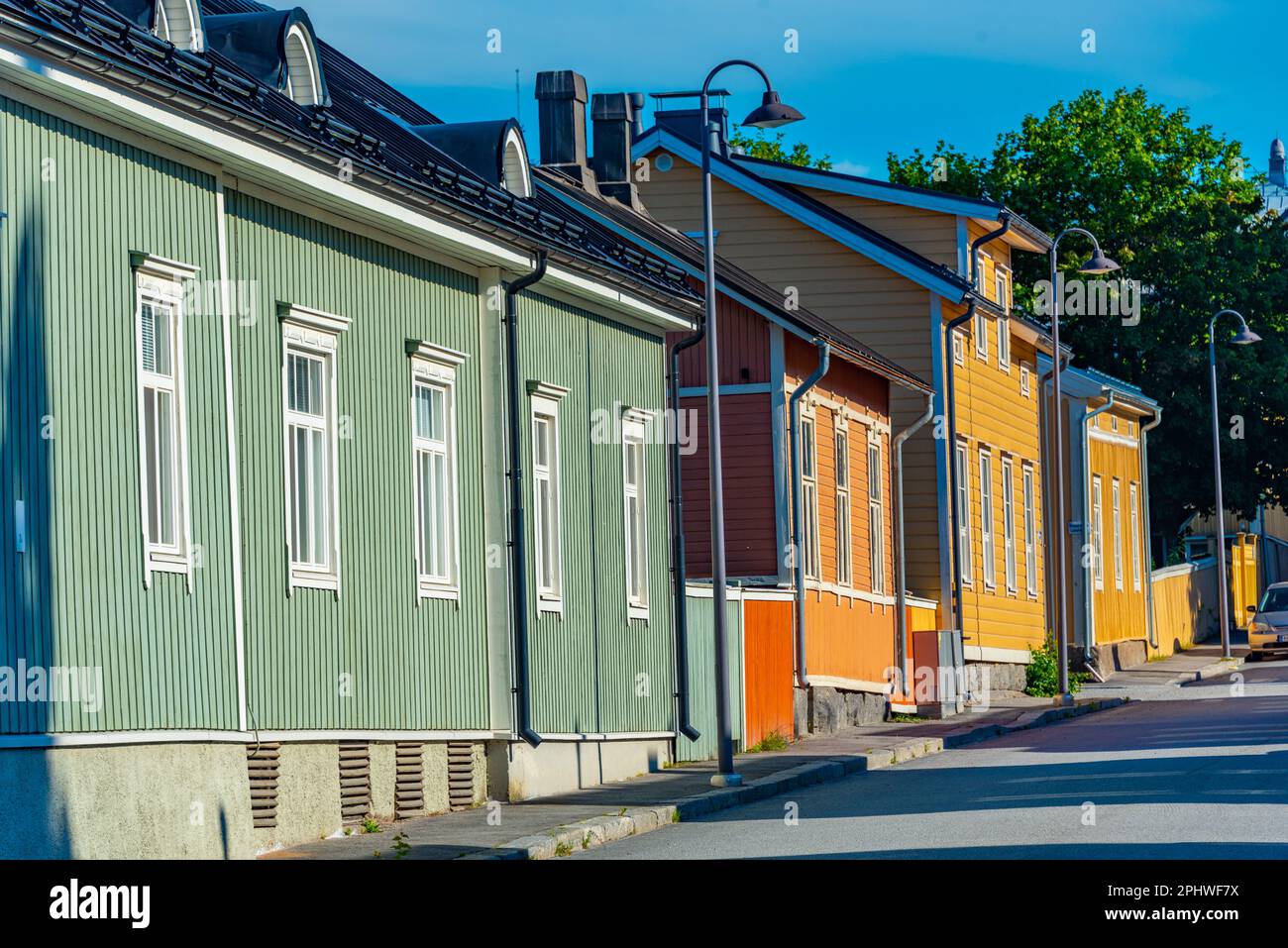 Colorful timber houses in Neristan district of Finnish town Jakobstad ...