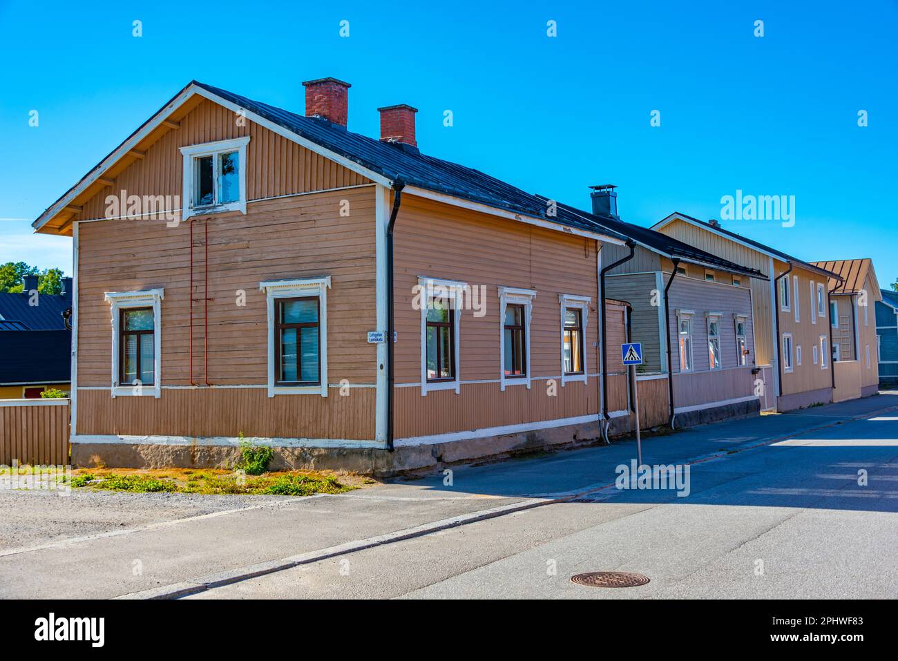 Colorful timber houses in Neristan district of Finnish town Jakobstad ...
