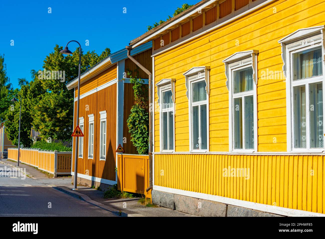 Colorful timber houses in Neristan district of Finnish town Jakobstad ...