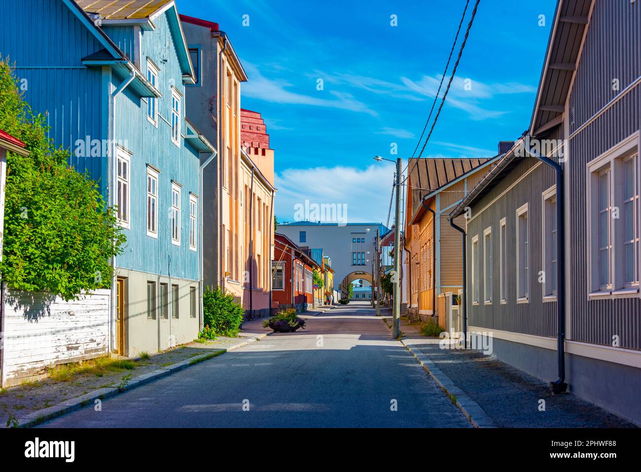 Colorful timber houses in Neristan district of Finnish town Jakobstad ...