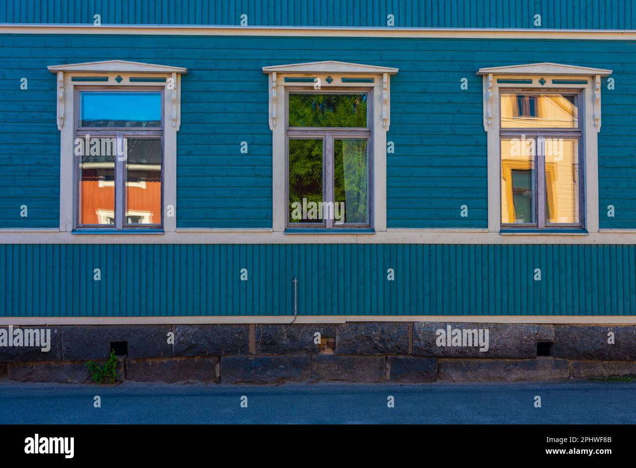Colorful timber houses in Neristan district of Finnish town Jakobstad ...