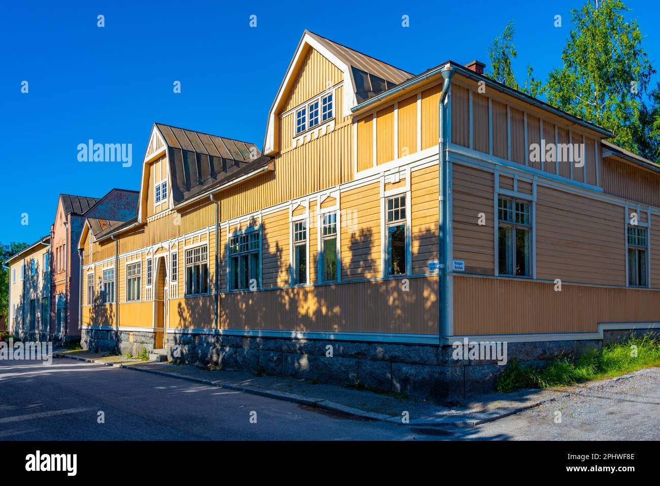Colorful timber houses in Neristan district of Finnish town Jakobstad ...