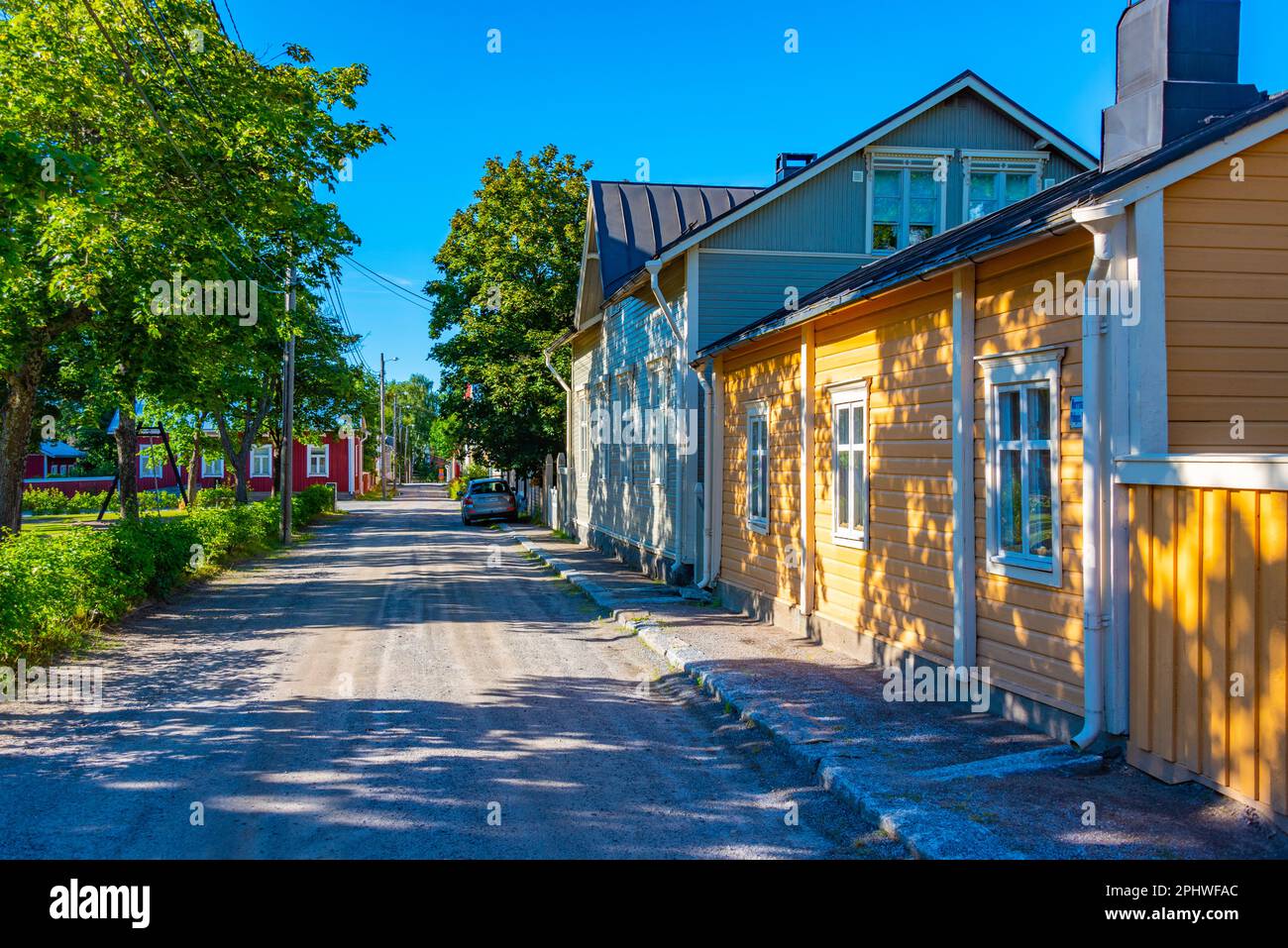 Colorful timber houses in Neristan district of Finnish town Jakobstad ...