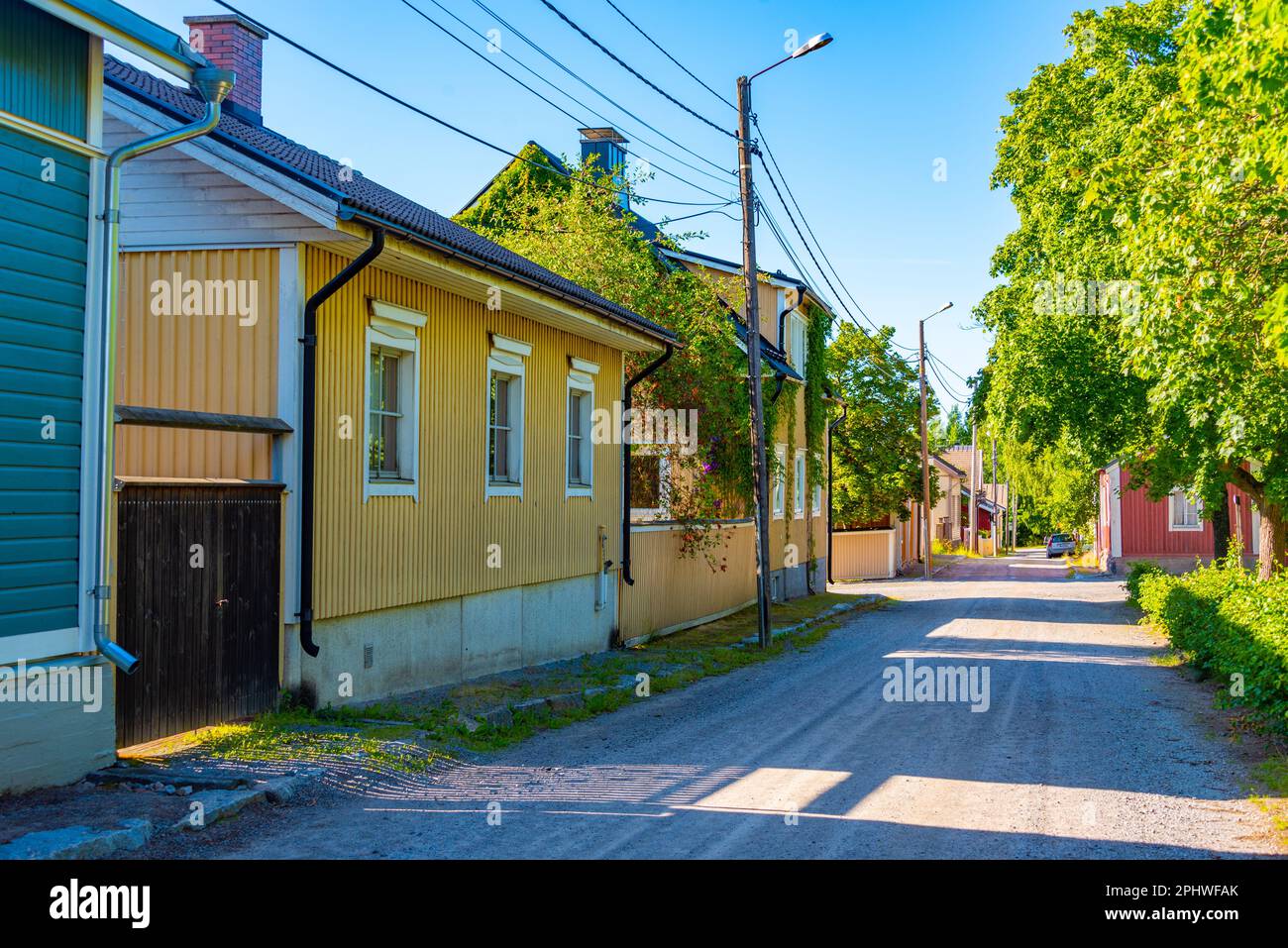 Colorful timber houses in Neristan district of Finnish town Jakobstad ...