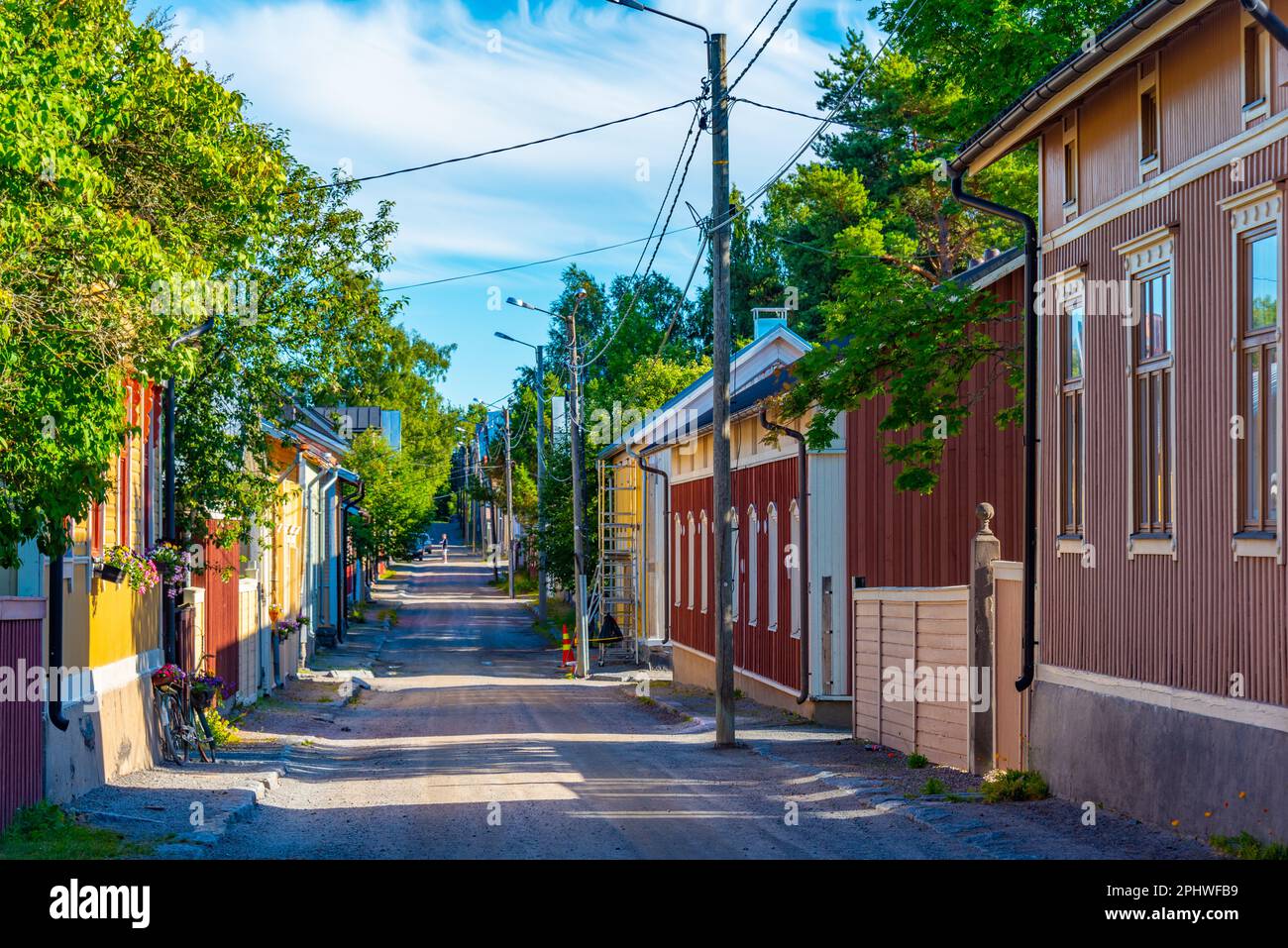 Colorful timber houses in Neristan district of Finnish town Jakobstad ...