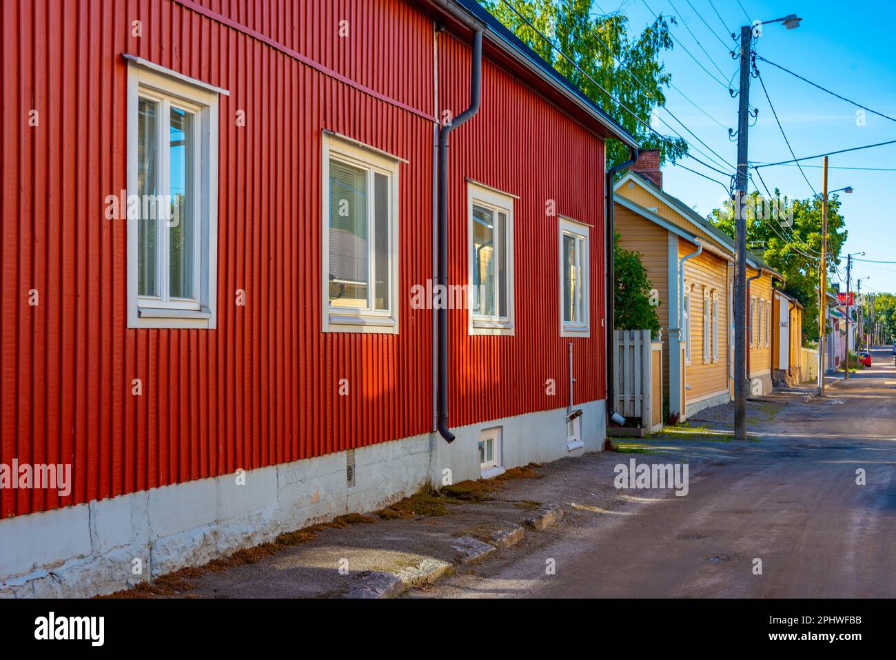 Colorful timber houses in Neristan district of Finnish town Jakobstad ...