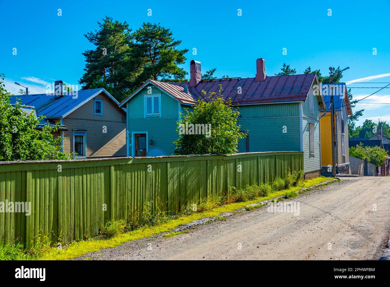 Colorful timber houses in Neristan district of Finnish town Jakobstad ...