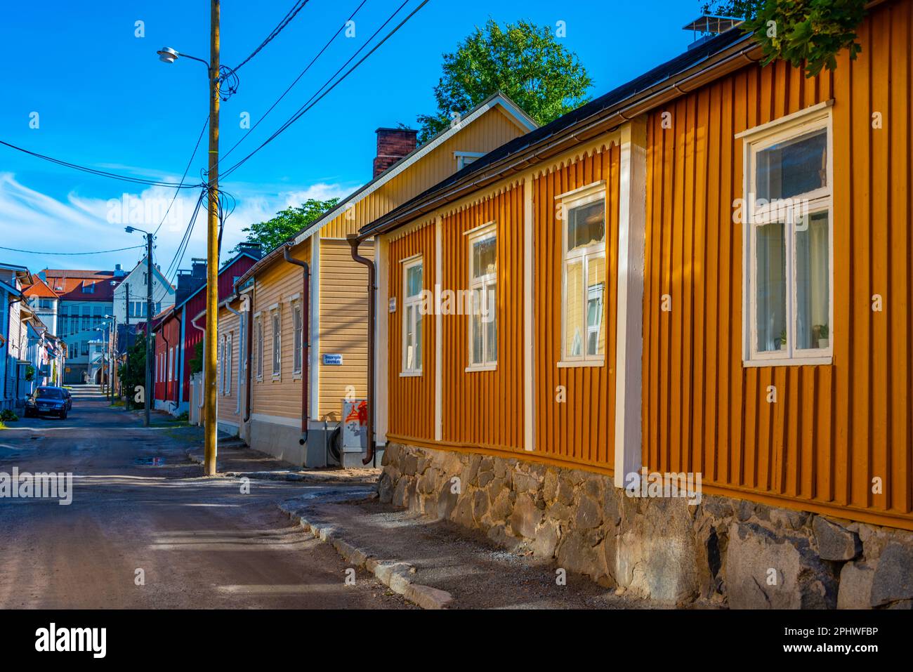 Colorful timber houses in Neristan district of Finnish town Jakobstad ...