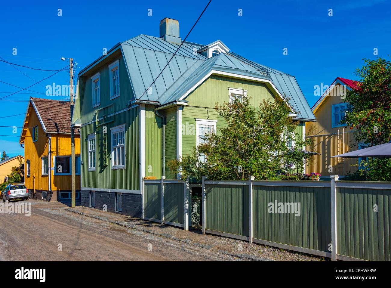 Colorful timber houses in Neristan district of Finnish town Jakobstad ...