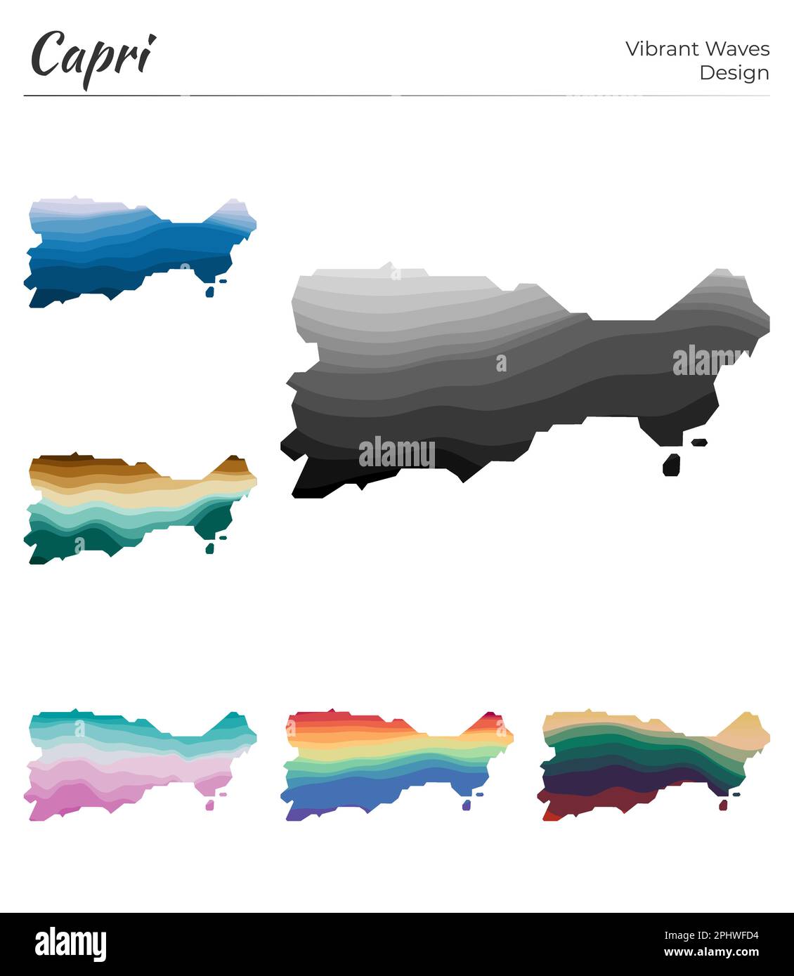Set of vector maps of Capri. Vibrant waves design. Bright map of island ...