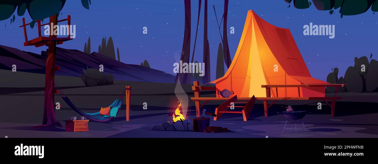 Night camp with tent, burning bonfire and hammock. Vector cartoon ...