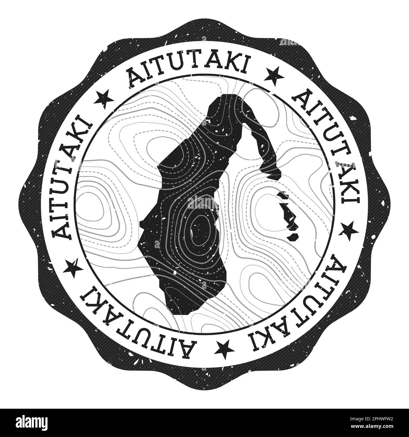 Aitutaki outdoor stamp. Round sticker with map of island with ...