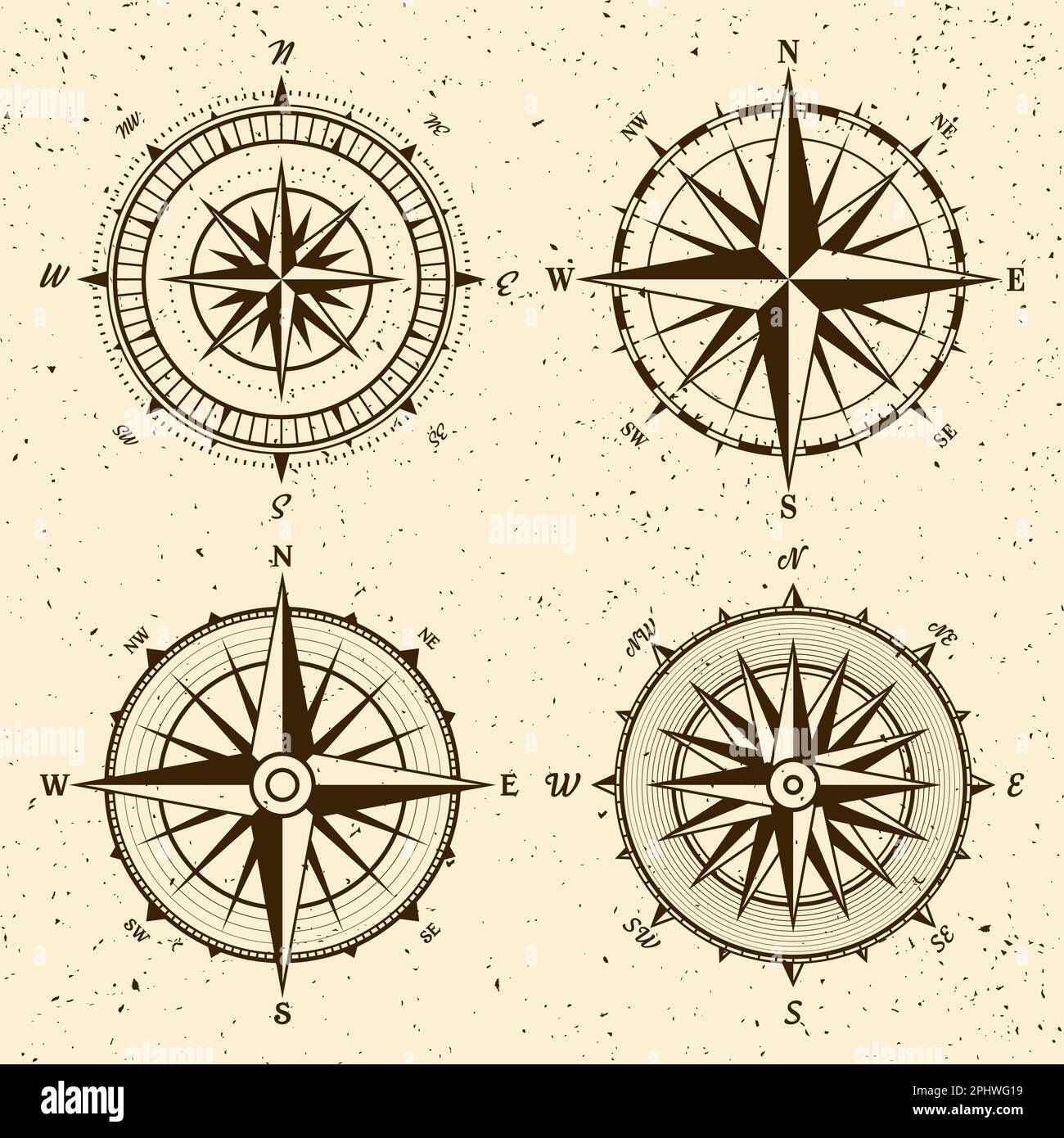 Vintage marine wind rose, nautical chart. Monochrome navigational ...