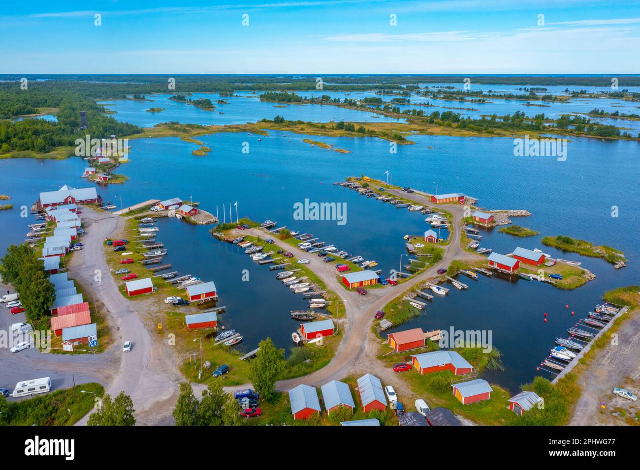 Aerial view of red timber boat houses at Svedjehamn in Finland Stock ...