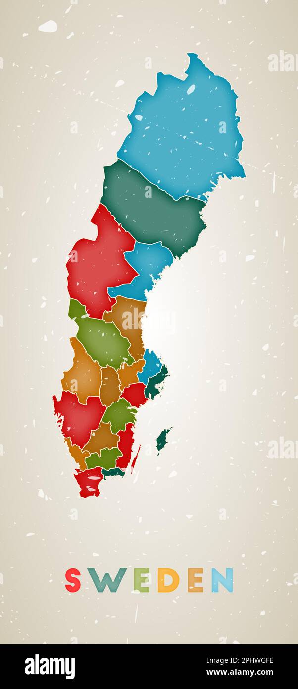 Sweden map. Country poster with colored regions. Old grunge texture ...